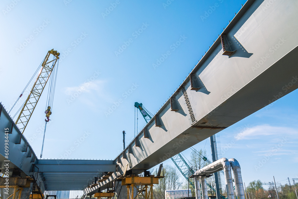 Construction of a bridge for road transport. Installation of steel ...