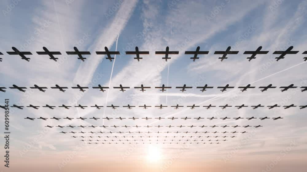 A swarm of military kamikaze drones deployed in a war zone to eliminate ...