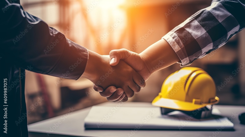 Architect and engineer construction workers shaking hands while working ...