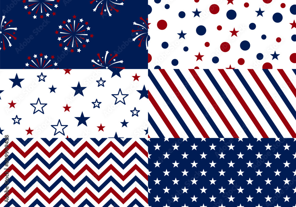 Seamless patterns set. Blue USA background with stars and red and white ...