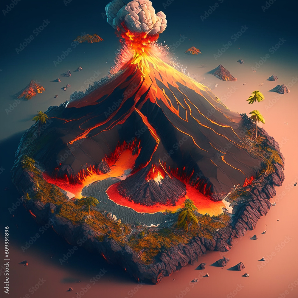Volcano erupting in isolated Island, Isometric, Generative AI, Mini Map ...