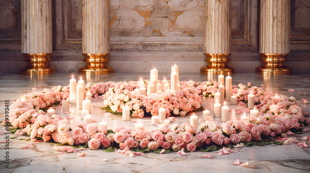 Candles and pink roses and rose petals in circle with pink roses and ...