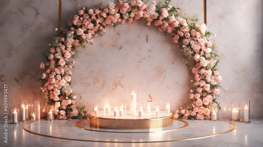 An arch of pink roses on the pink marble wall and a round podium with ...