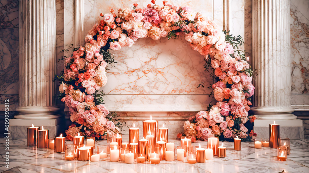 An arch of pink roses on the pink marble wall and golden candles on ...
