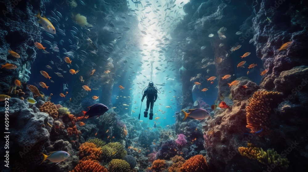Scuba diving: Images depict divers exploring colorful coral reefs or ...