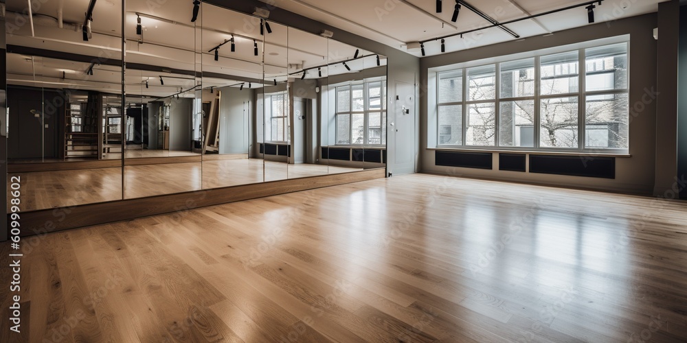 Dance studio with a polished wooden floor, mirrors, and ballet barres ...