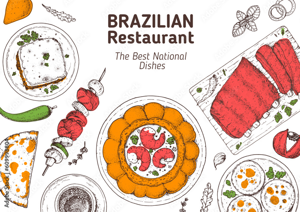 Brazilian food top view vector illustration. Food menu design template ...