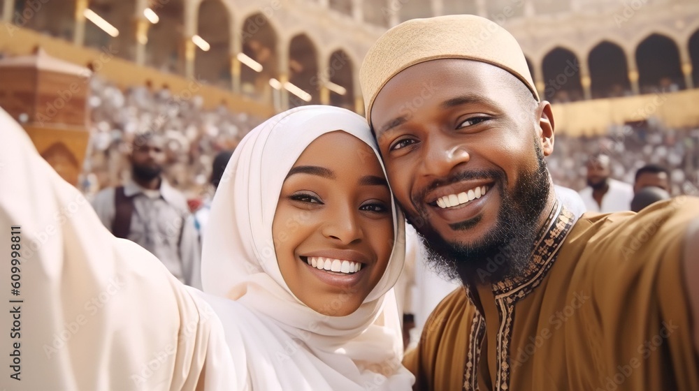 Muslim couple taking selfie with phone showing view of kaaba in Mecca ...