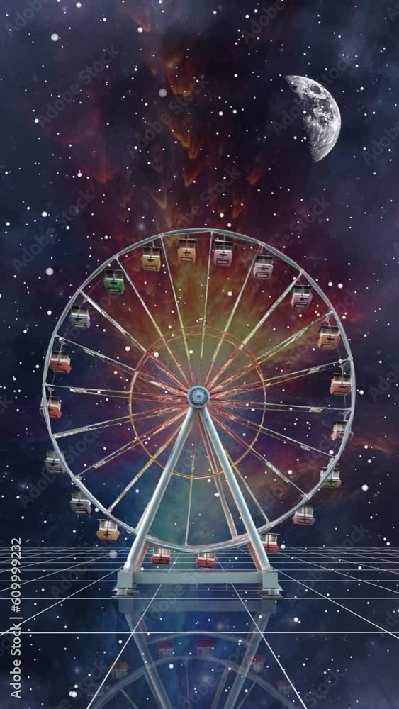 A Ferris Wheel on a surreal space scape with animated stars and a cosmic nebula in the ...