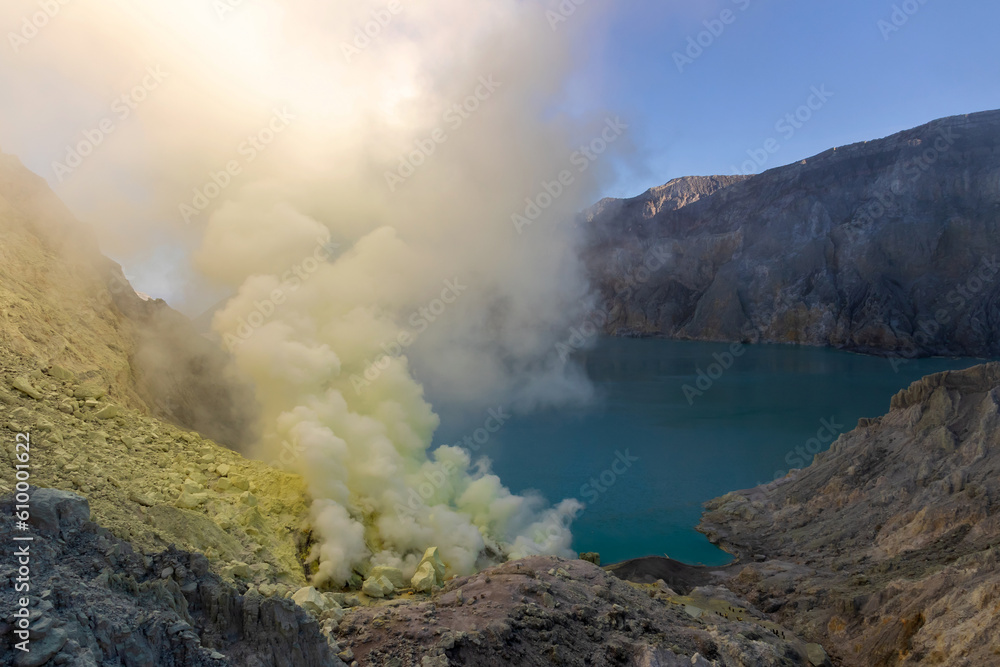 Beautiful landscape mountain and turquoise lake with smoke sulfur in ...
