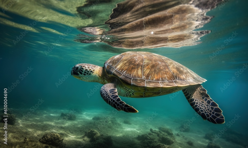 a turtle swimming in the ocean with its head above the water ...
