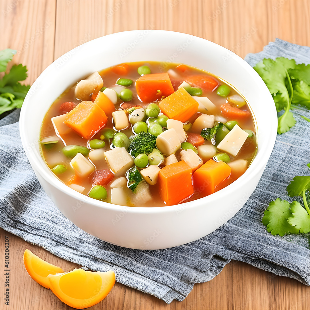 Generative AI KI leckere Suppe in weißer Schüssel mit Gemüse Stock ...