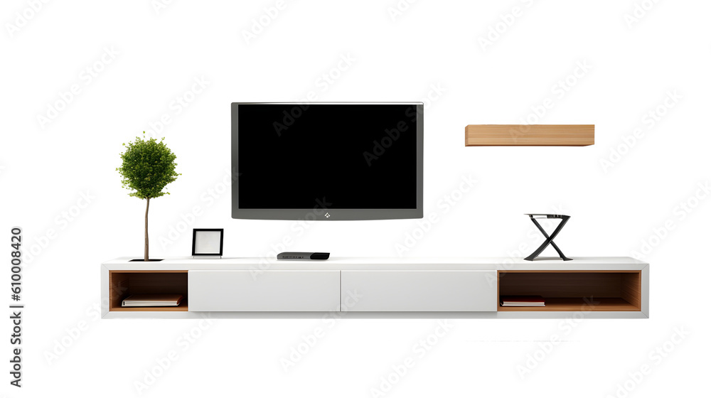 TV stand with TV on the wall, transparent background png Stock ...