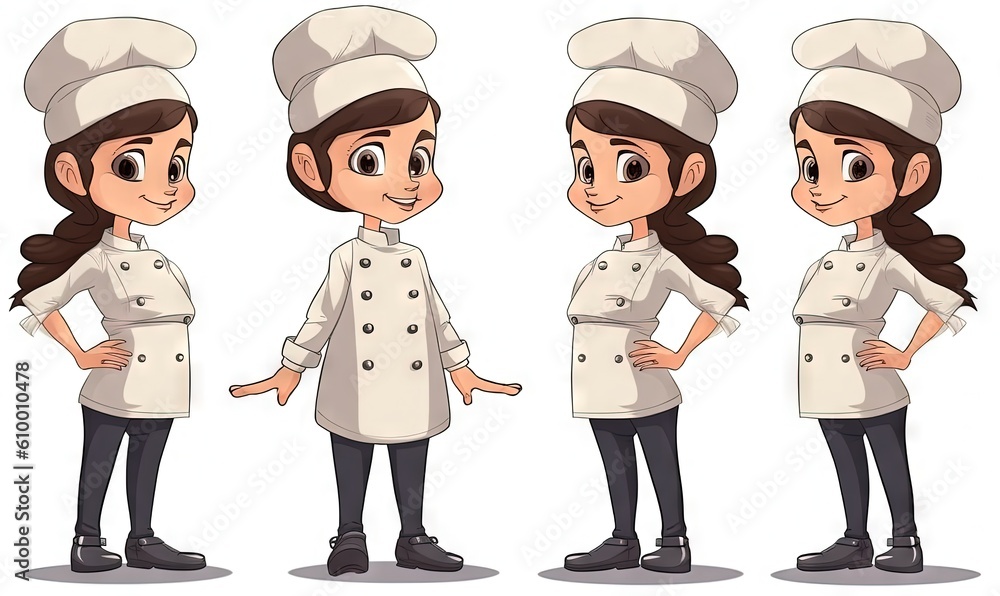 a female chef in various poses for a character creation sheet for a ...