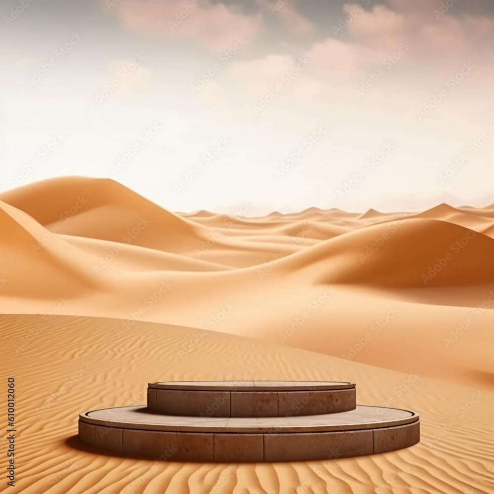 3d round podium on a sandy desert product background. Realistic pastel ...