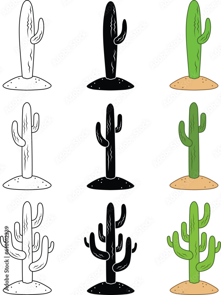Large Desert Cactus Clipart Set - Outline, Silhouette & Color Stock ...