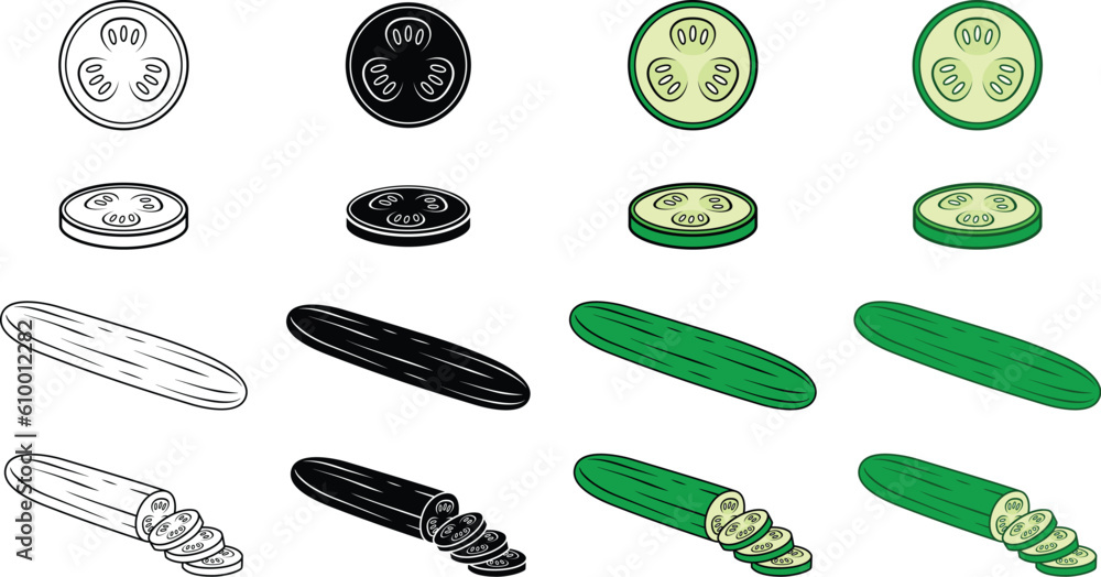 Cucumber Whole and Slice Clipart Set - Outline, Silhouette & Color ...