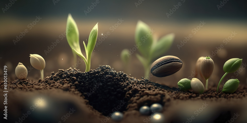 Seedlings growing from the ground , Germinating seeds of various ...