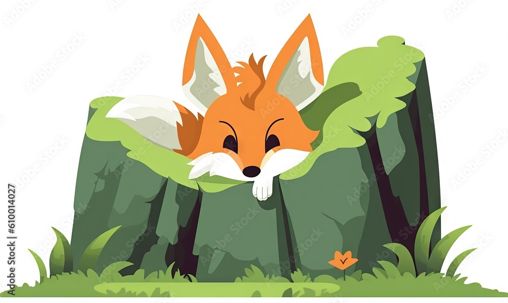 a cartoon fox peeking out from behind a tree in the woods with grass ...