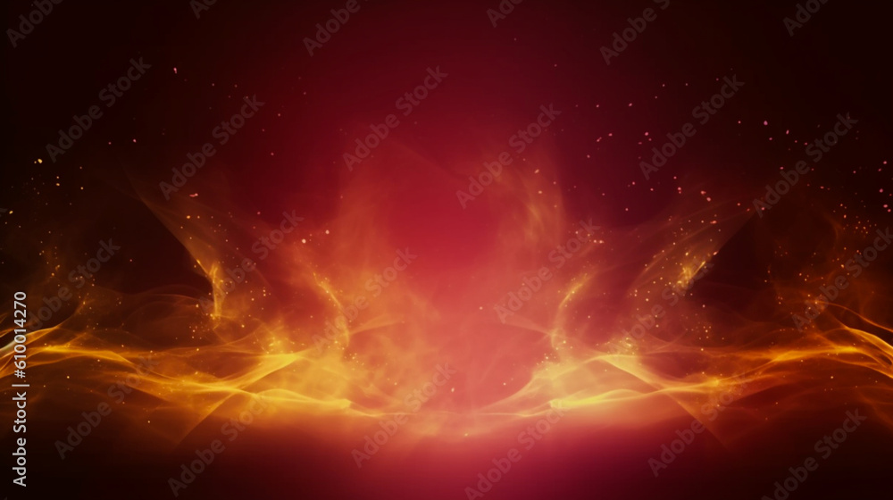 Empty red and gold burning festive stage with fire and light shines ...
