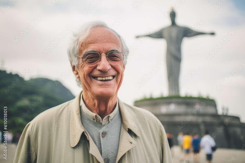 Portrait of happy senior man with statue of Christ the Redeemer in Rio ...