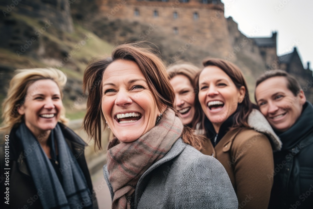 ภาพประกอบสต็อก Group portrait photography of a pleased woman in her 40s ...