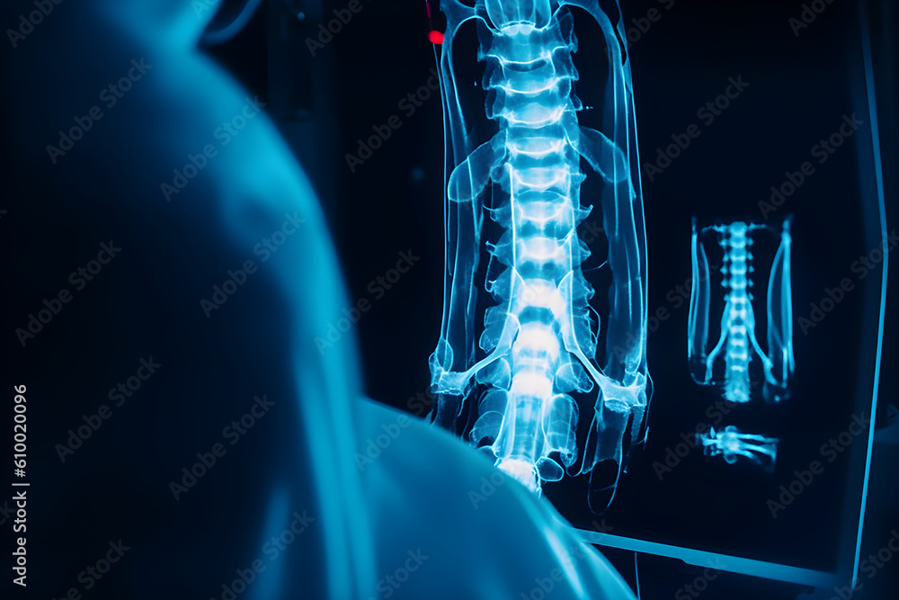 Blue toned x-rays on a black background in the hospital. The doctor ...