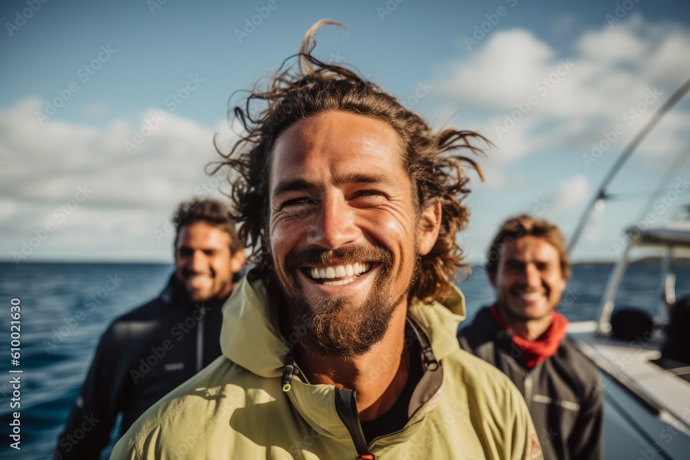 Group portrait photography of a pleased man in his 30s that is smiling ...