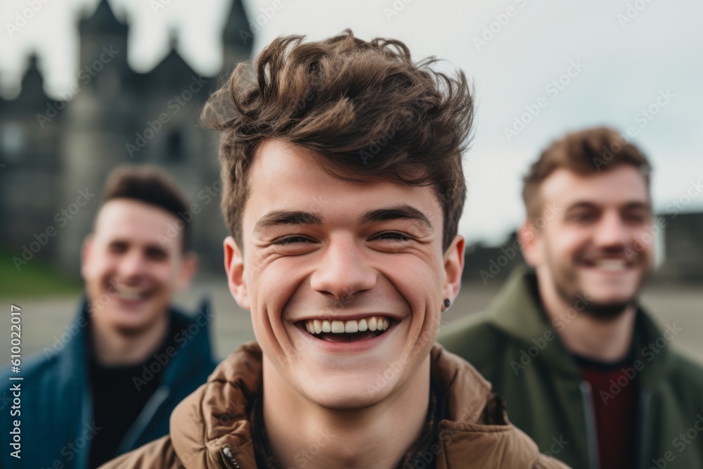 portrait of smiling friends looking at camera in front of gothic castle ...