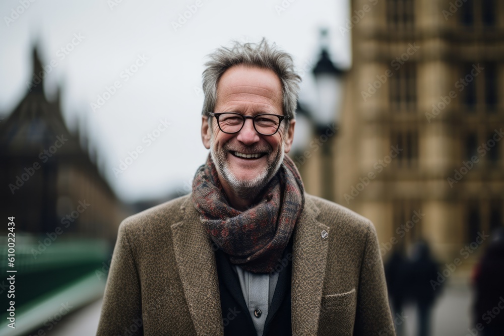 Handsome middle-aged man with grey hair, wearing a coat, scarf and ...