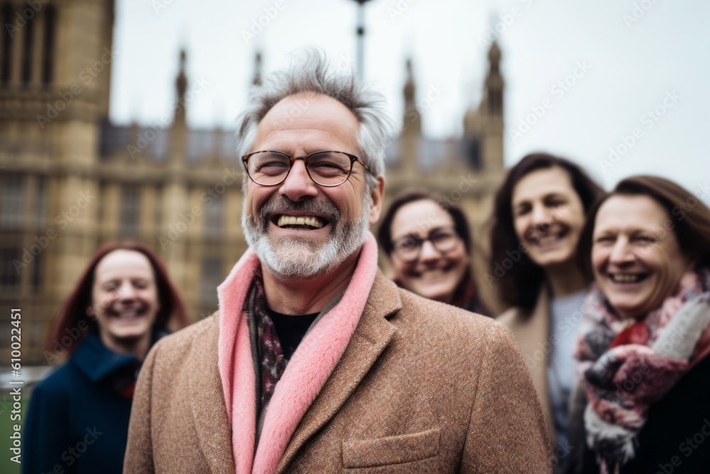 Group portrait photography of a pleased man in his 50s that is smiling ...