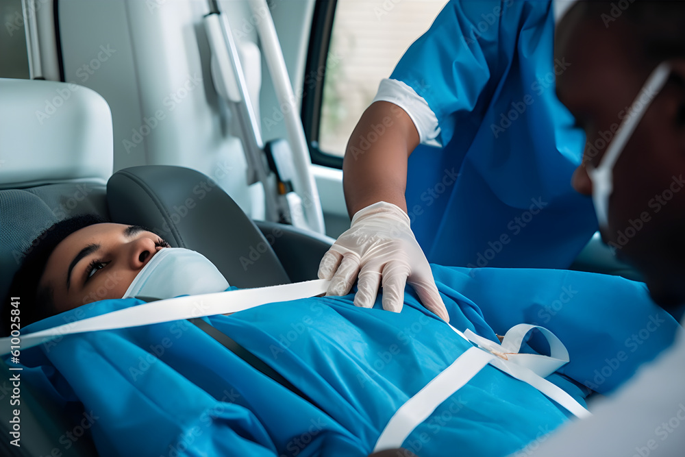 A medical team visits a car accident victim lying in a nursing bed with ...