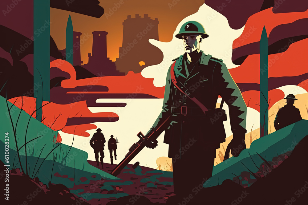 Soldier At War World War One Two Era With Dramatic Explosions and ...