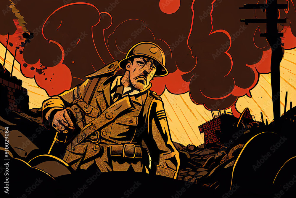 Soldier At War World War One Two Era With Dramatic Explosions and ...