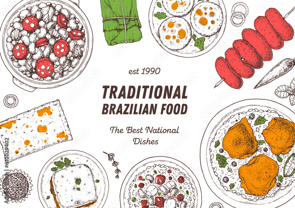 Brazilian food top view vector illustration. Food menu design template ...