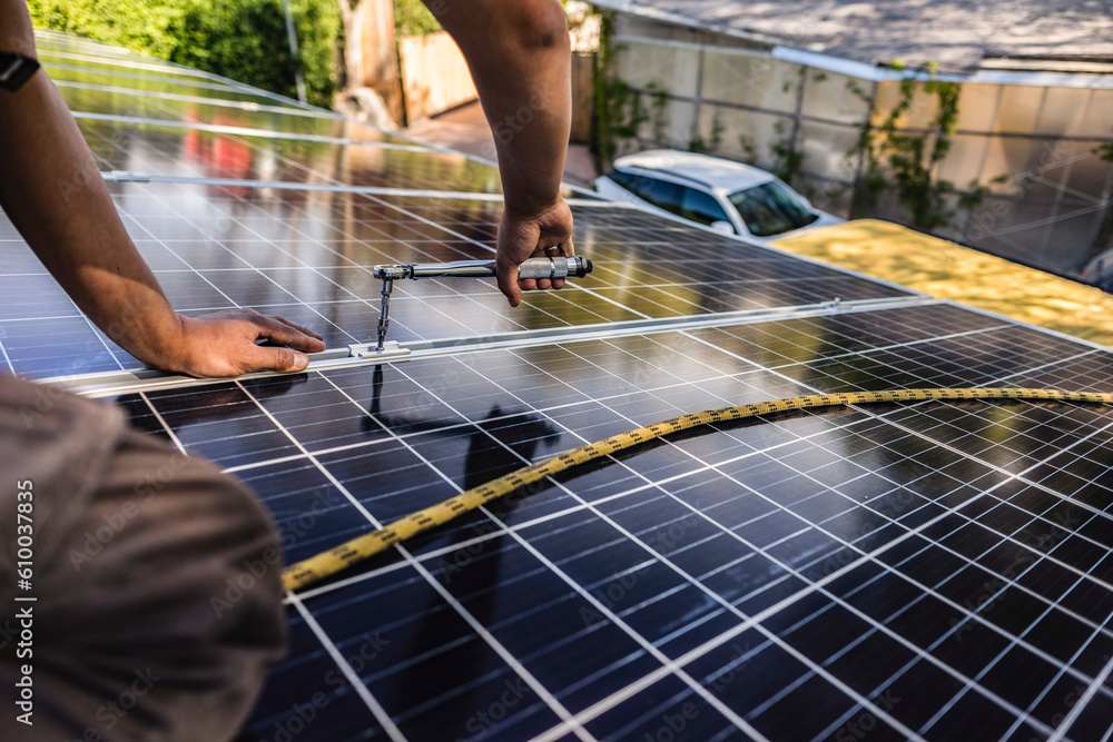 engineer working on checking and maintenance equipment at solar power ...