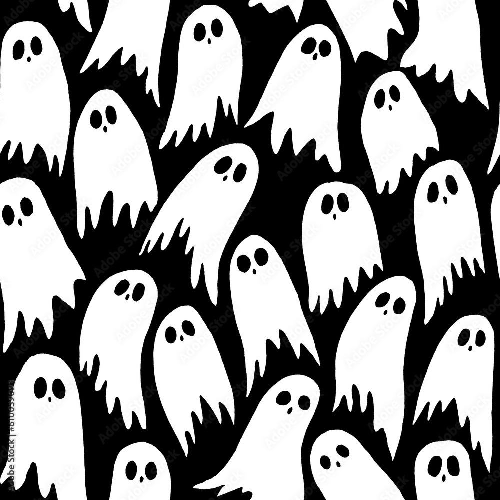 Hand drawn doodle line art seamless pattern with funny spooky halloween ...
