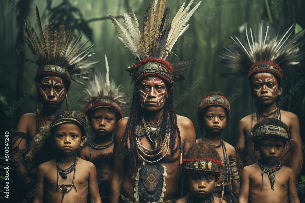 Portrait of indigenous tribe. Traditional Indians with painted faces ...