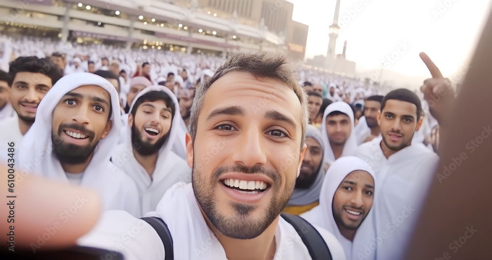 Muslim man taking photo with phone camera showing view of kaaba in ...