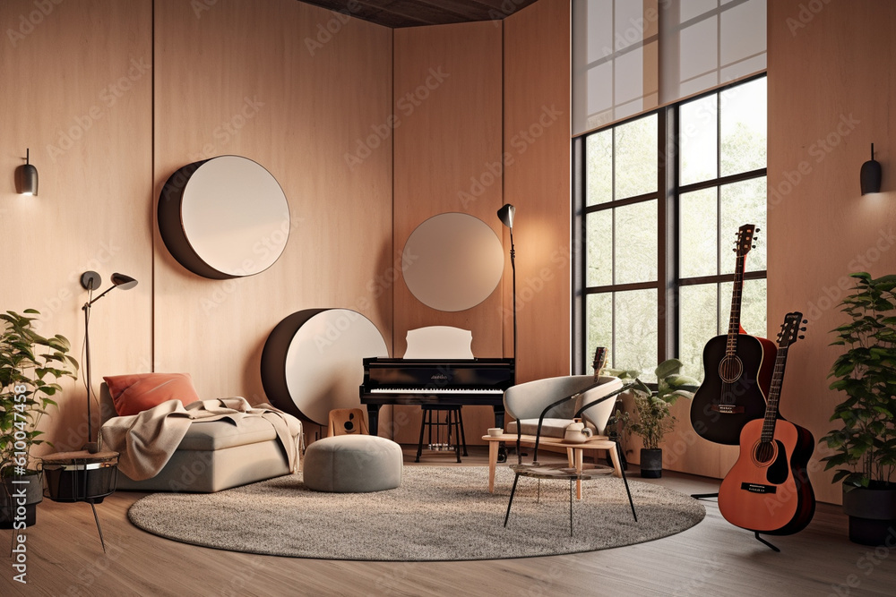 Music room with acoustic panels, Bauhaus-inspired instruments, and a ...