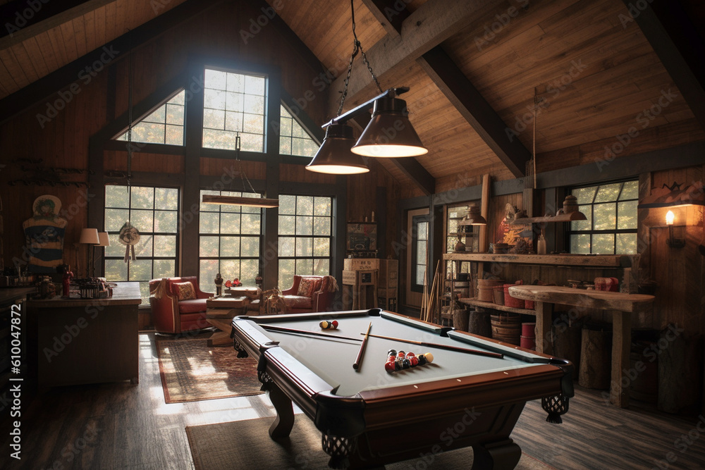 Rustic game room with a pool table, dartboard, and vintage arcade games ...