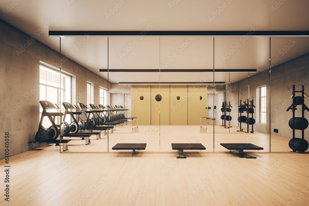 Gym room with minimalistic exercise equipment, open space, and a ...