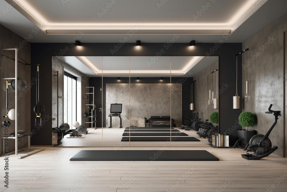 Gym room with minimalistic exercise equipment, open space, and a ...
