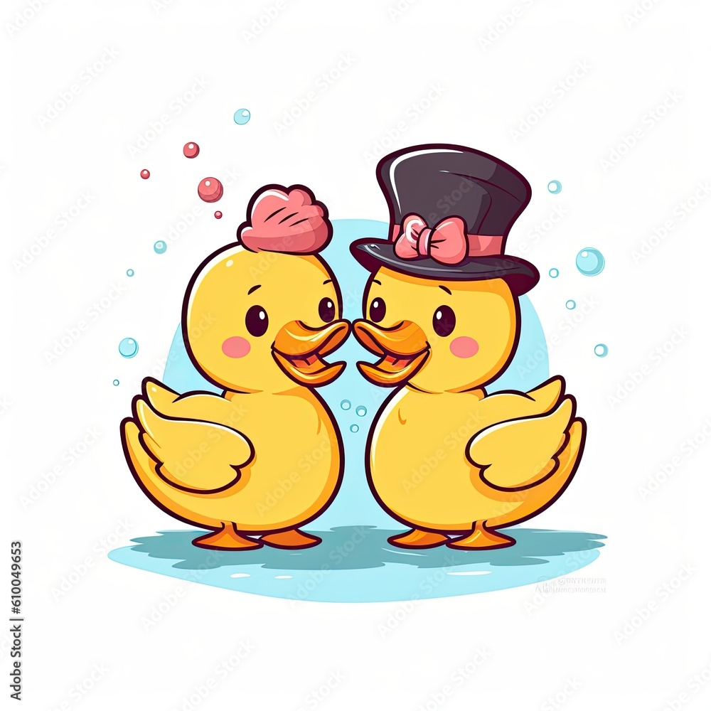 Rubber duck logo for Kids companies. Two cute duck splashes in the water, colored bubbles around ...