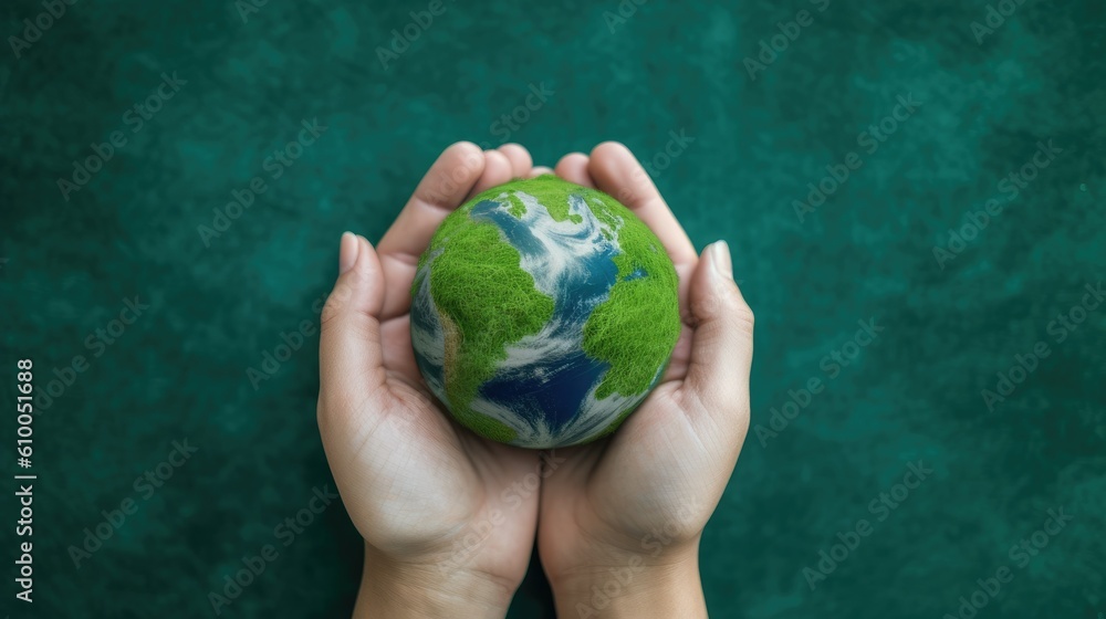 top viewof hands holding the earth on a green background. protect ...