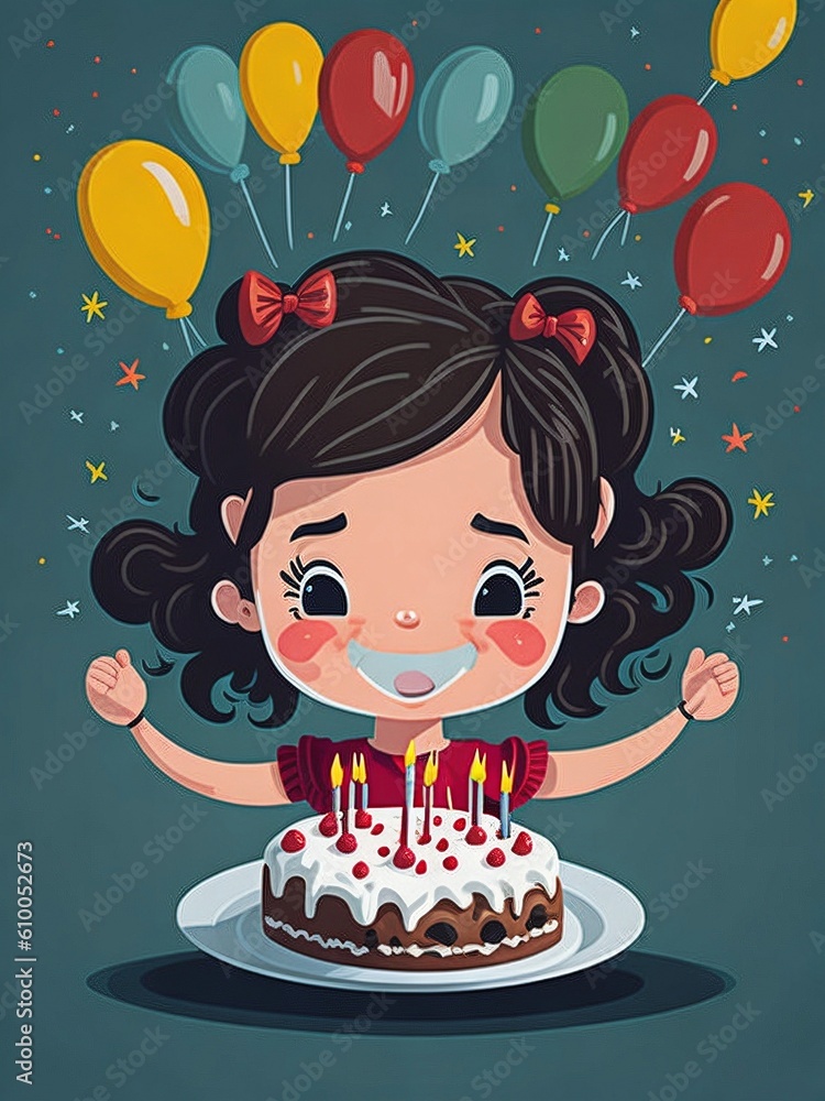 illustration of a drawing of a girl celebrating her birthday. Stock ...