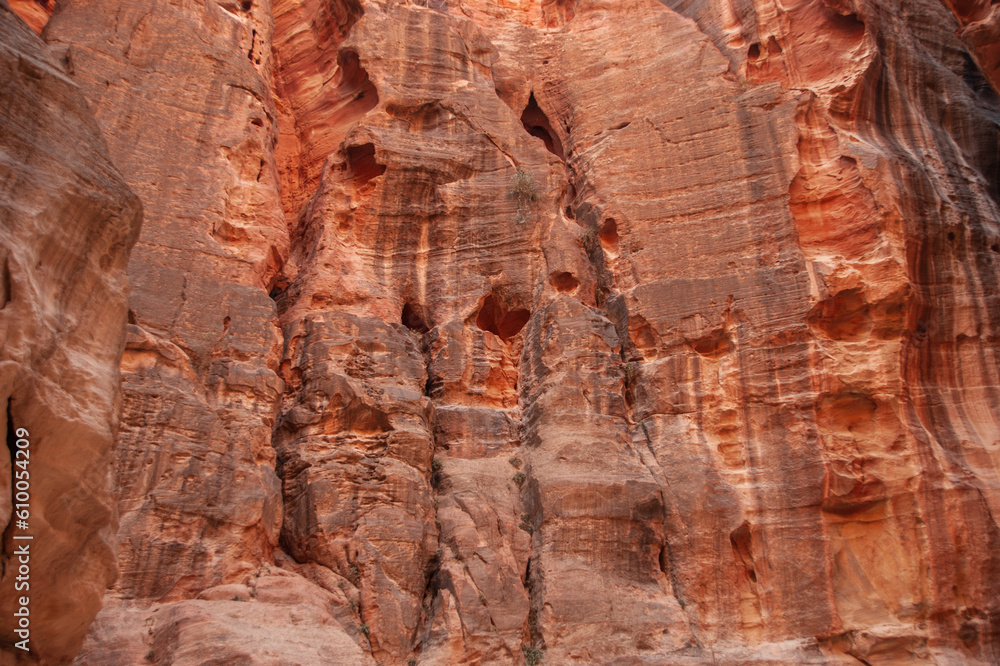 Jordan. Peter. Canyon Siq or El Siq. Sheer cliffs of a canyon or rocky ...