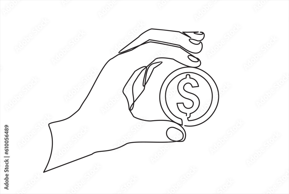Continuous one line drawing of hand picking dollar sign. Thin line ...