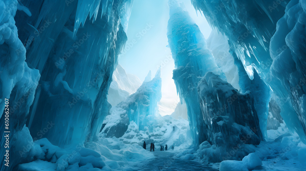 the ethereal beauty of an icy landscape with towering glaciers ...