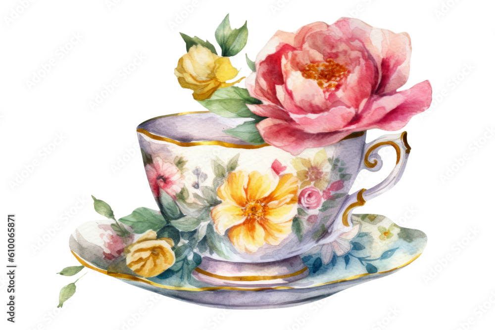 Watercolor set of Tea or coffee cups isolated on clear png background ...